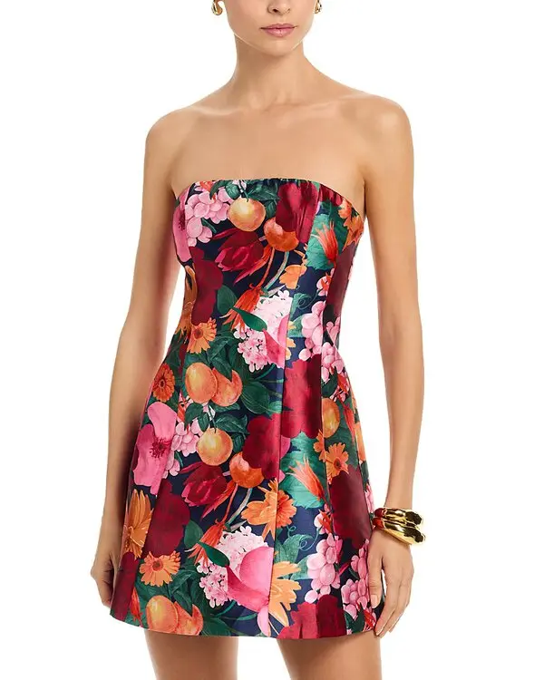 Aqua Floral & Fruit Strapless Mini Dress - Black Multi