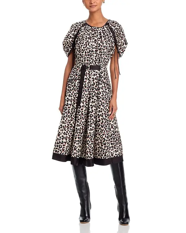 3.1 Phillip Lim Leopard Print Ruched Sleeve Midi Dress - Chalk Multi