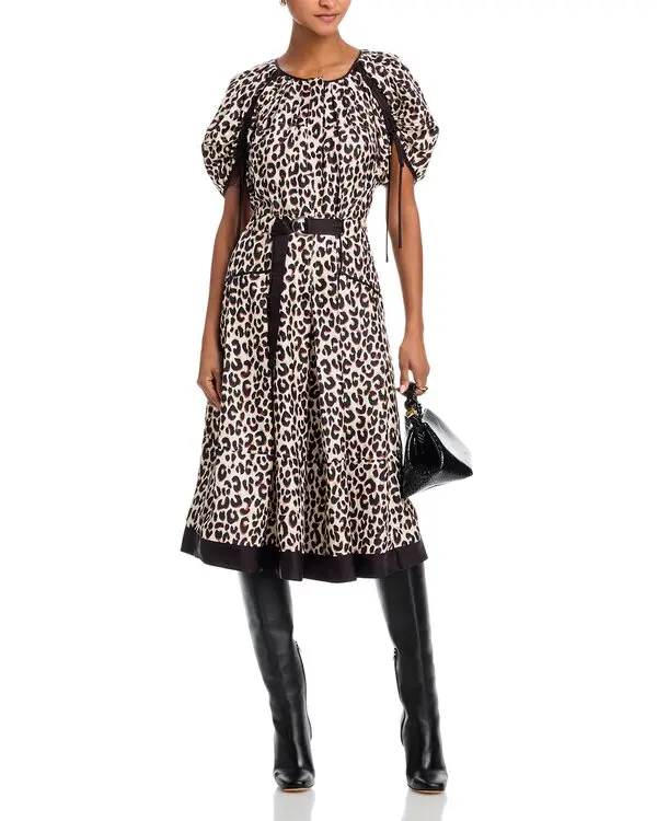 3.1 Phillip Lim Leopard Print Ruched Sleeve Midi Dress - Chalk Multi
