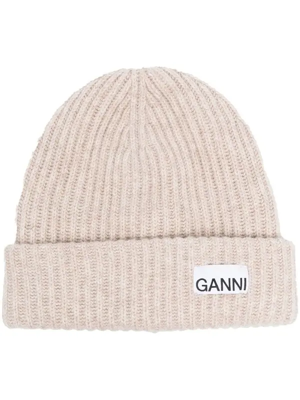 GANNI Logo Wool Beanie - Beige