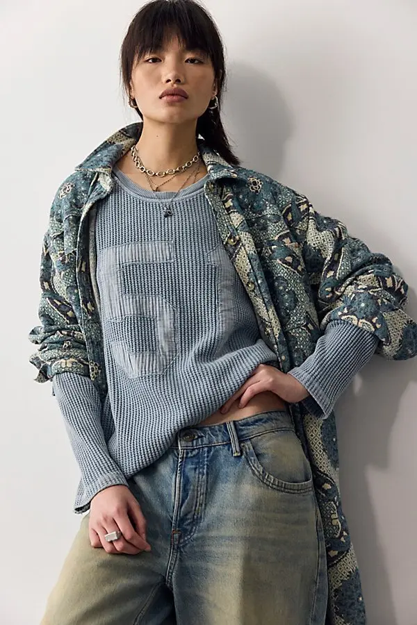 Free People Oversized Graphic Thermal Top - Light Blue