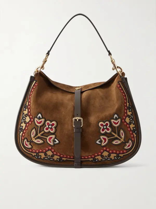 Etro Embroidered Leather-trimmed Suede Shoulder Bag