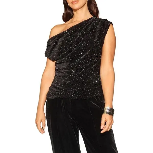FRIENDS LIKE THESE Diamante Embellished One-shoulder Velvet Top
