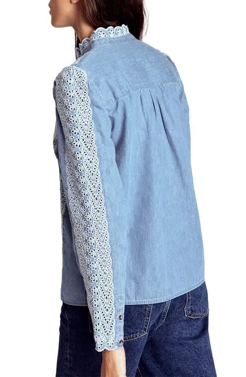 Boden Embroidered Denim Button-up Blouse