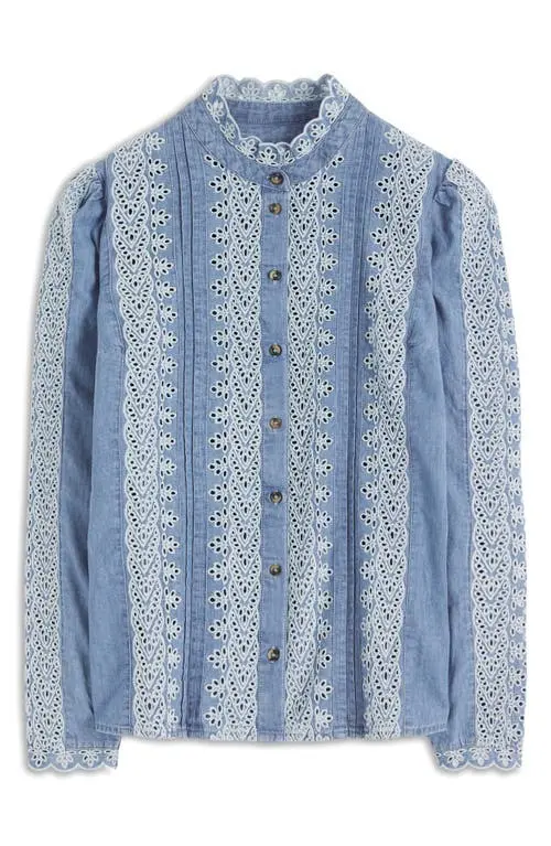 Boden Embroidered Denim Button-up Blouse