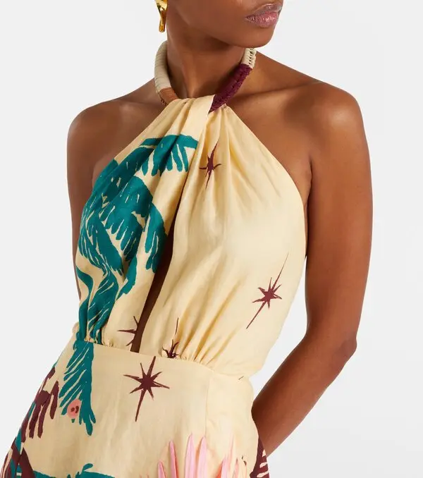 Johanna Ortiz Floral Linen Midi Dress - Beige