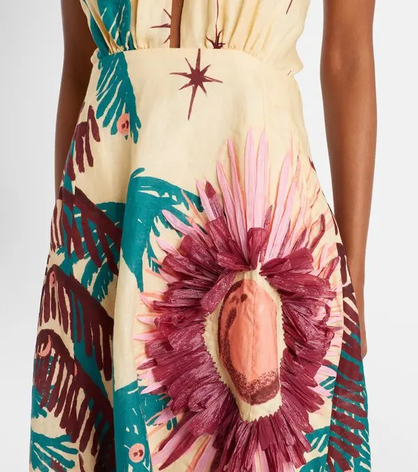 Johanna Ortiz Floral Linen Midi Dress - Beige