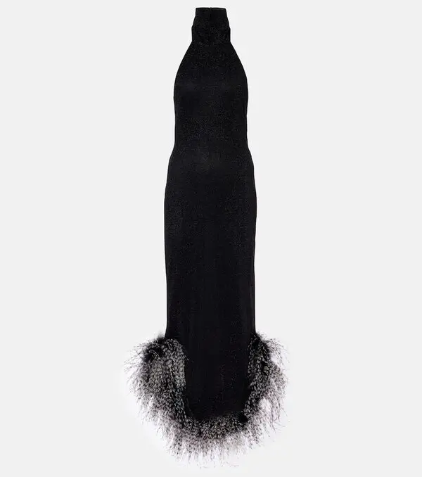 Oseree Lumiere Plumage Halterneck Maxi Dress - Black