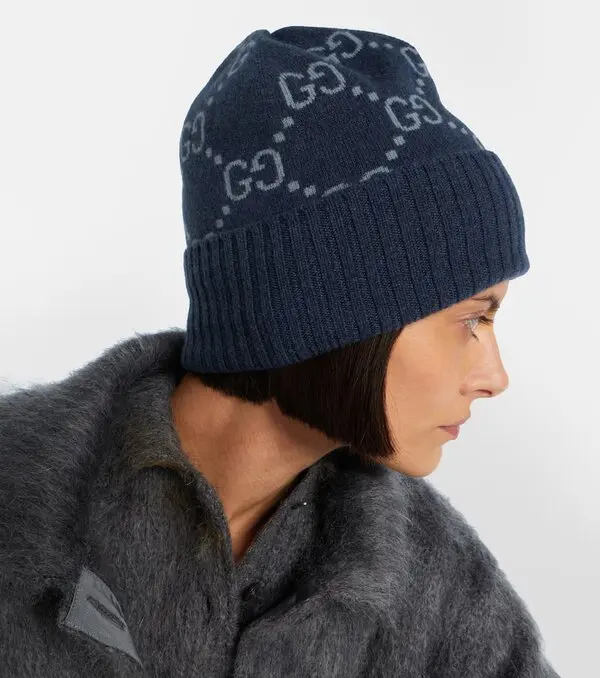 Gucci Gg Jacquard Cashmere Beanie - Blue