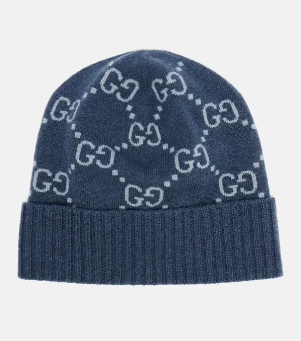 Gucci Gg Jacquard Cashmere Beanie - Blue