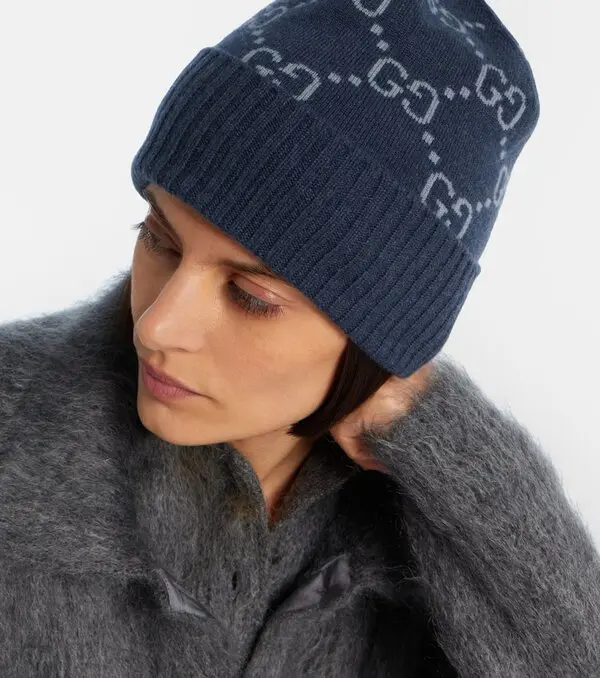Gucci Gg Jacquard Cashmere Beanie - Blue