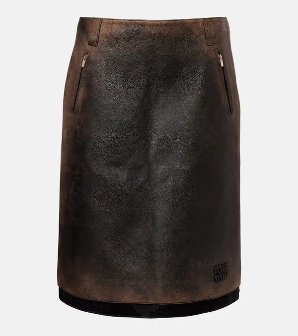 Miu Miu Suede-trimmed Leather Midi Skirt