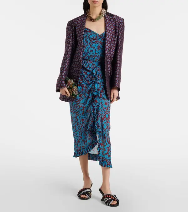 Dries Van Noten Printed Draped Ruffled Midi Skirt