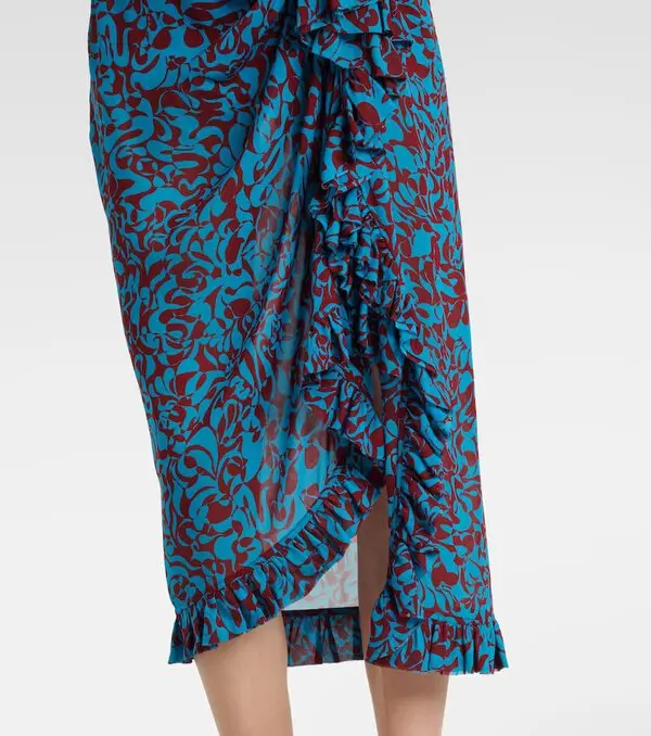 Dries Van Noten Printed Draped Ruffled Midi Skirt