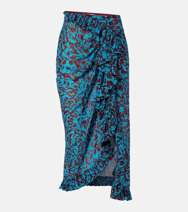 Dries Van Noten Printed Draped Ruffled Midi Skirt - Blue