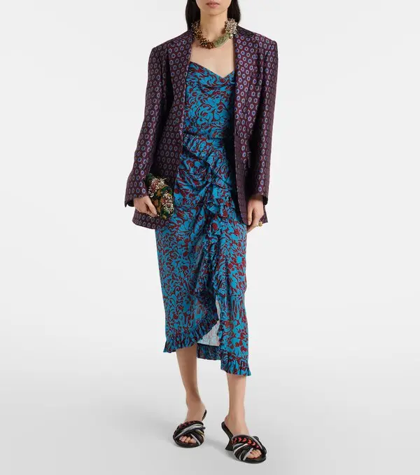 Dries Van Noten Printed Draped Ruffled Midi Skirt - Blue