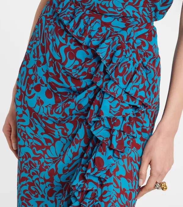 Dries Van Noten Printed Draped Ruffled Midi Skirt - Blue