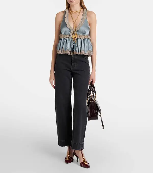 Chloé Lace-trimmed Silk Satin Top - Blue