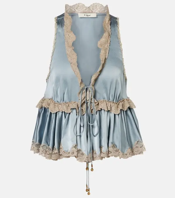 Chloé Lace-trimmed Silk Satin Top - Blue
