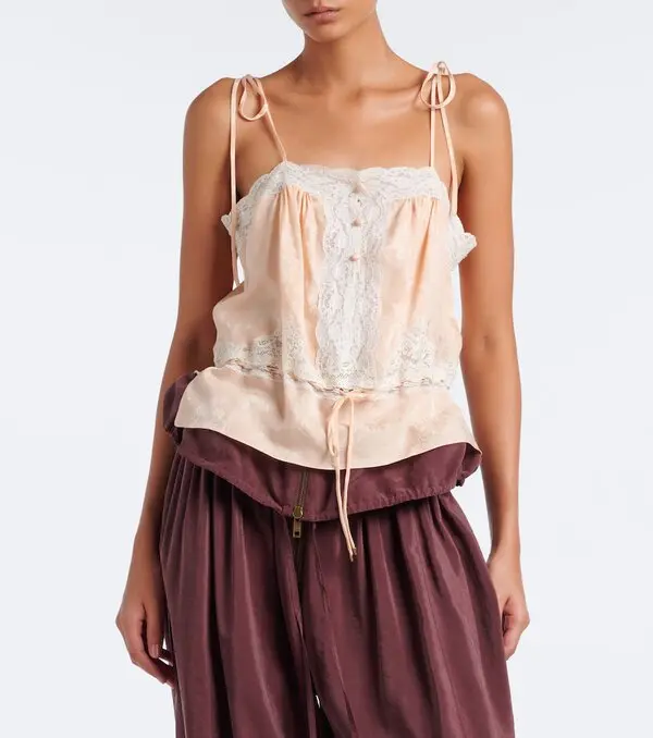 Chloé Lace-trimmed Silk Satin Top - Pink