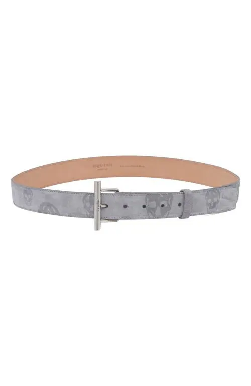 Alexander McQueen T-bar Skull Print Suede Belt - Grey/dark Grey/silver
