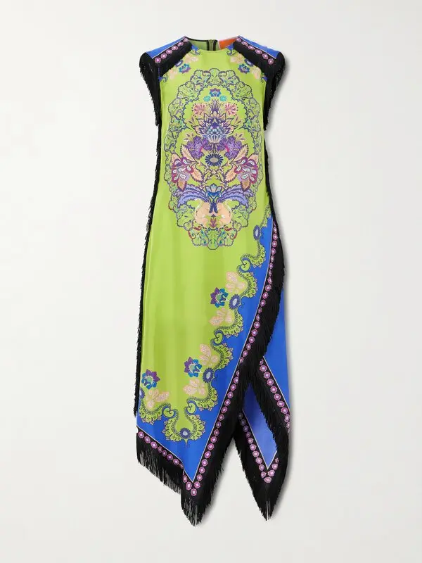 La Doublej Fringed Asymmetric Printed Silk Midi Dress - Green | Editorialist