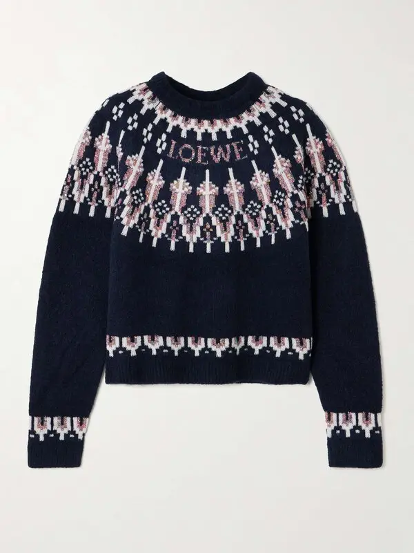Loewe Sequin-embellished Fair Isle Wool-blend Sweater - Navy