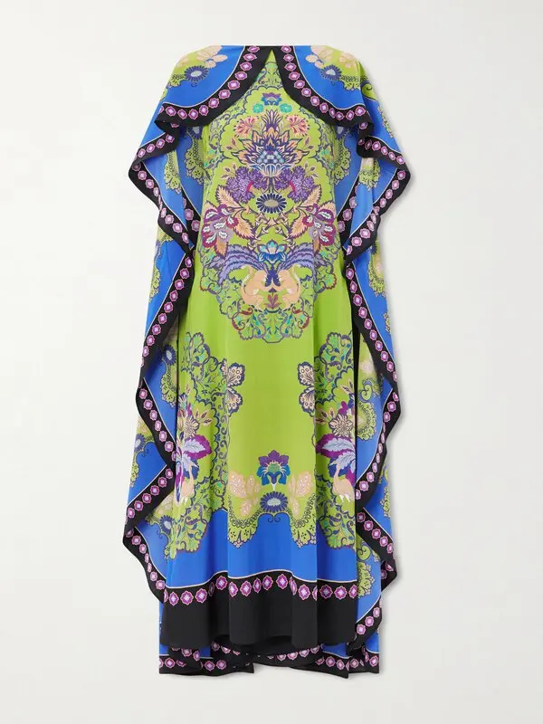 La DoubleJ Magic Cape-effect Printed Silk Maxi Dress - Green