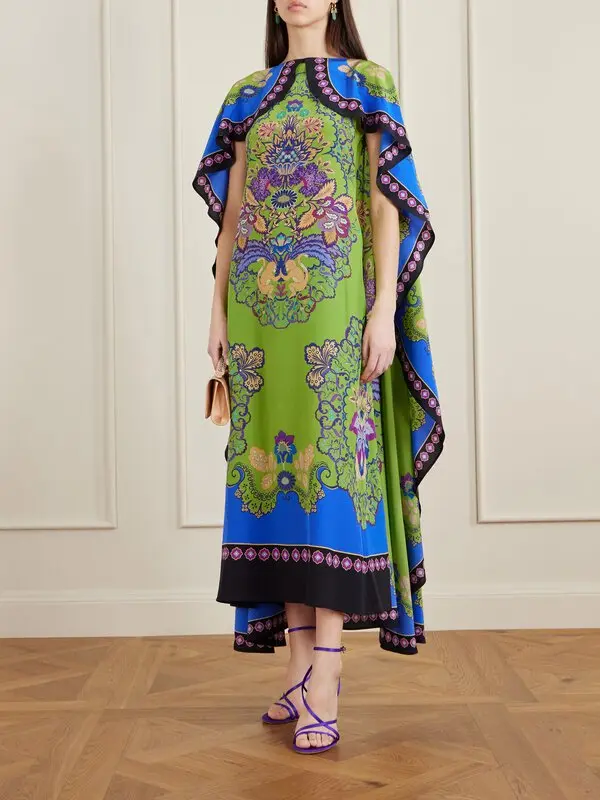 La DoubleJ Magic Cape-effect Printed Silk Maxi Dress - Green