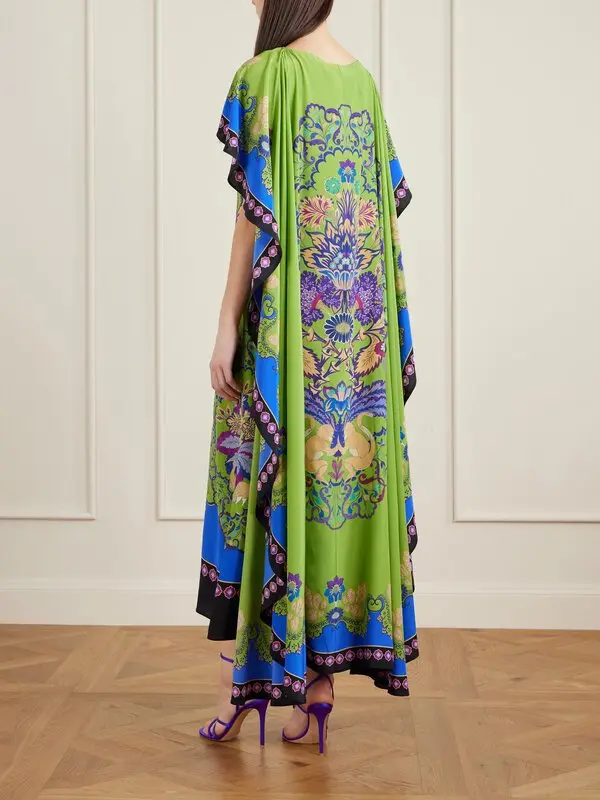 La DoubleJ Magic Cape-effect Printed Silk Maxi Dress - Green