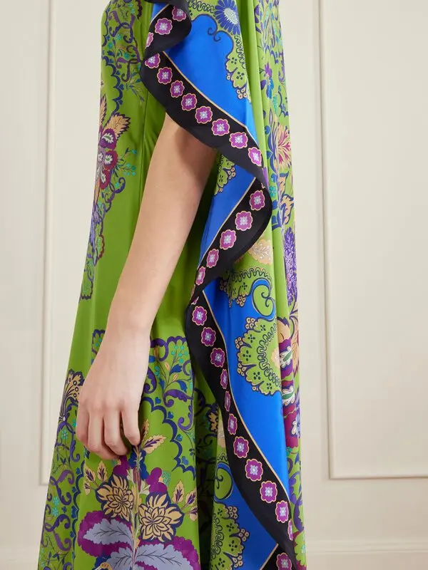 La DoubleJ Magic Cape-effect Printed Silk Maxi Dress - Green
