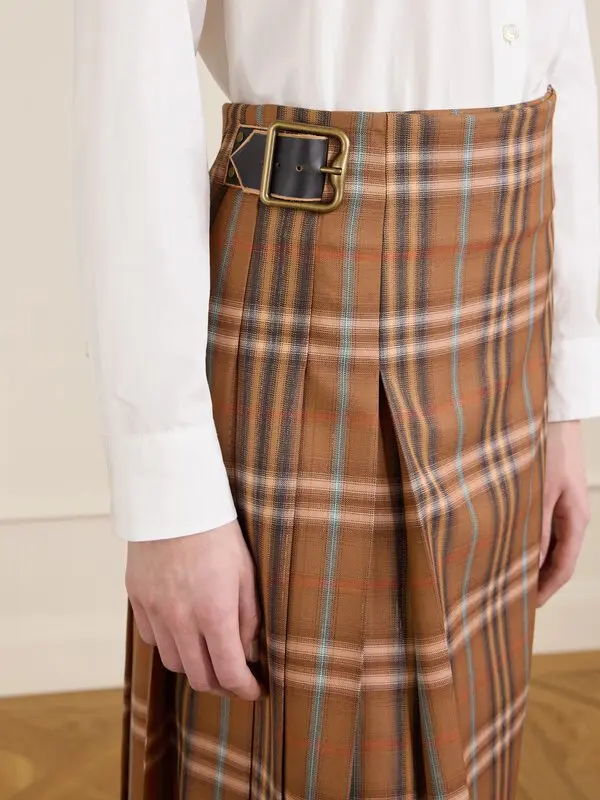 Burberry Belted Frayed Checked Wool Skirt - Brown