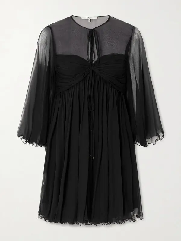 Chloé Tie-detailed Gathered Silk-chiffon Mini Dress - Black