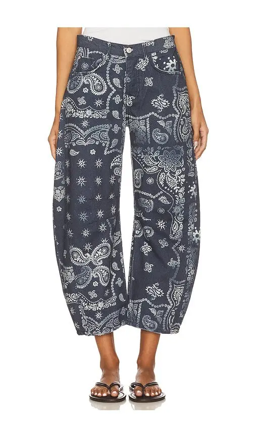 Free People X We The Free Good Luck Printed Barrel Jean - Blue