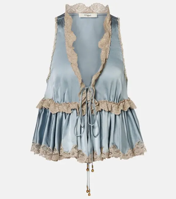 Chloé Lace-trimmed Silk Satin Top - Blue