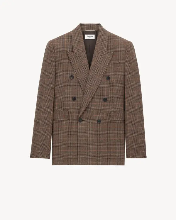 Saint Laurent Jacket In Prince Of Wales Wool In Brown - Creme Noir Roux