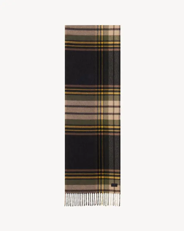 Saint Laurent Tartan Scarf In Cashmere And Wool In Green - Brown And Dark Green