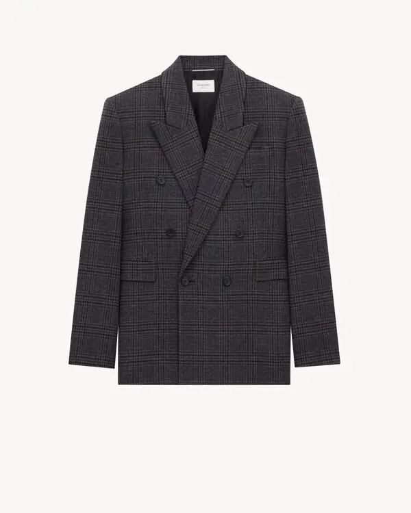 Saint Laurent Jacket In Prince Of Wales Wool In Grey & Silver - Gris Marron