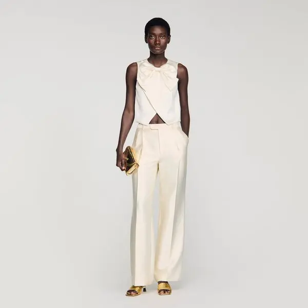 Sandro Satin Bow Crop Top - Ecru