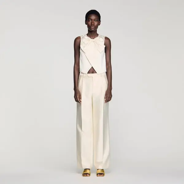 Sandro Satin Bow Crop Top - Ecru