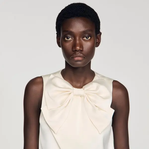 Sandro Satin Bow Crop Top - Ecru