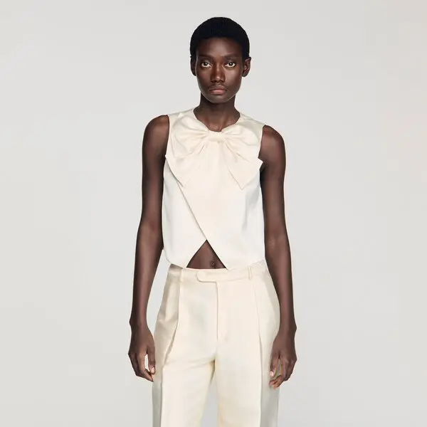 Sandro Satin Bow Crop Top - Ecru