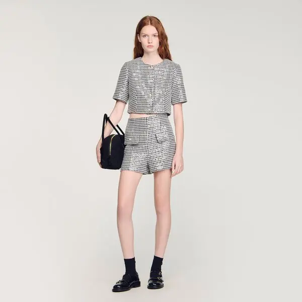 Sandro Sequin Houndstooth Tweed Shorts