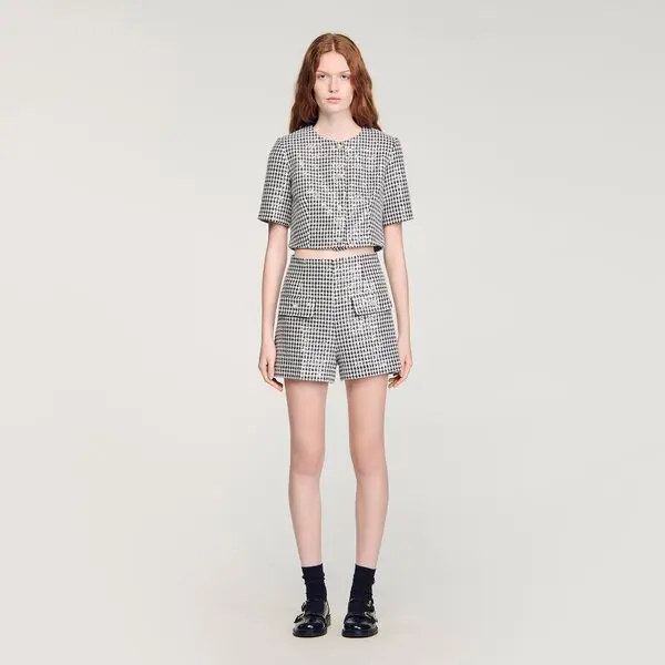 Sandro Sequin Houndstooth Tweed Shorts
