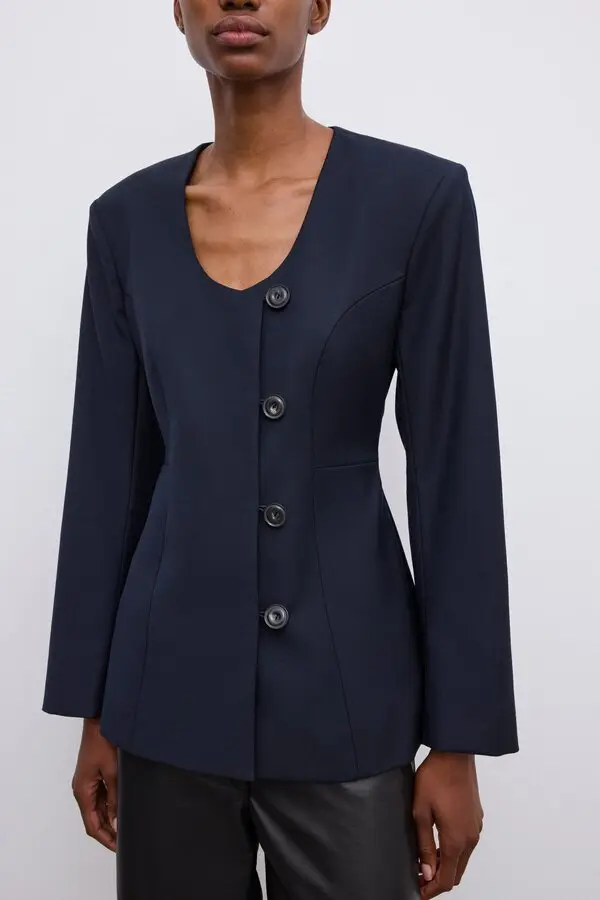 HOUSE OF DAGMAR Fitted Collarless Blazer - Dark Navy