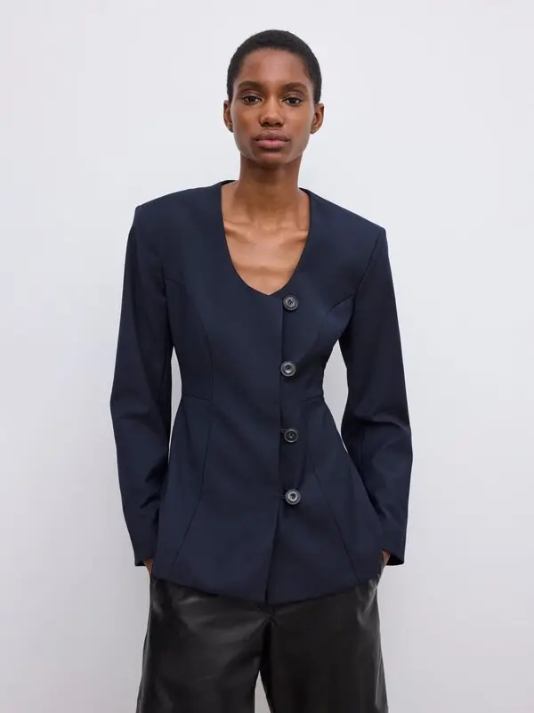 HOUSE OF DAGMAR Fitted Collarless Blazer - Dark Navy