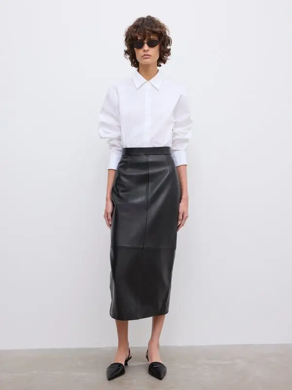HOUSE OF DAGMAR Leather Midi Pencil Skirt - Black