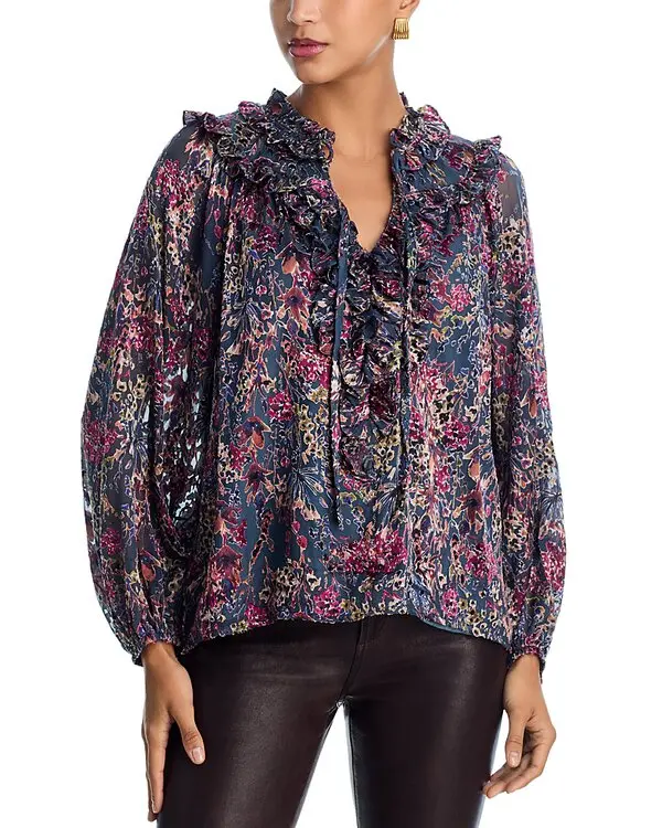 Aqua Long Sleeved Floral Satin Burnout Ruffled Blouse