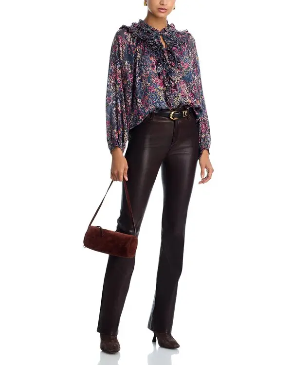 Aqua Long Sleeved Floral Satin Burnout Ruffled Blouse