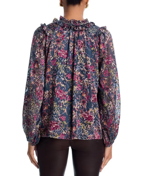 Aqua Long Sleeved Floral Satin Burnout Ruffled Blouse